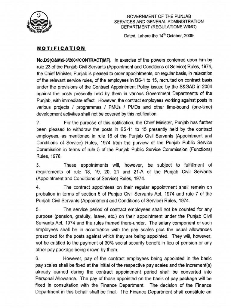 Regularization Notification 2009 | PDF | Civil Service | Employment