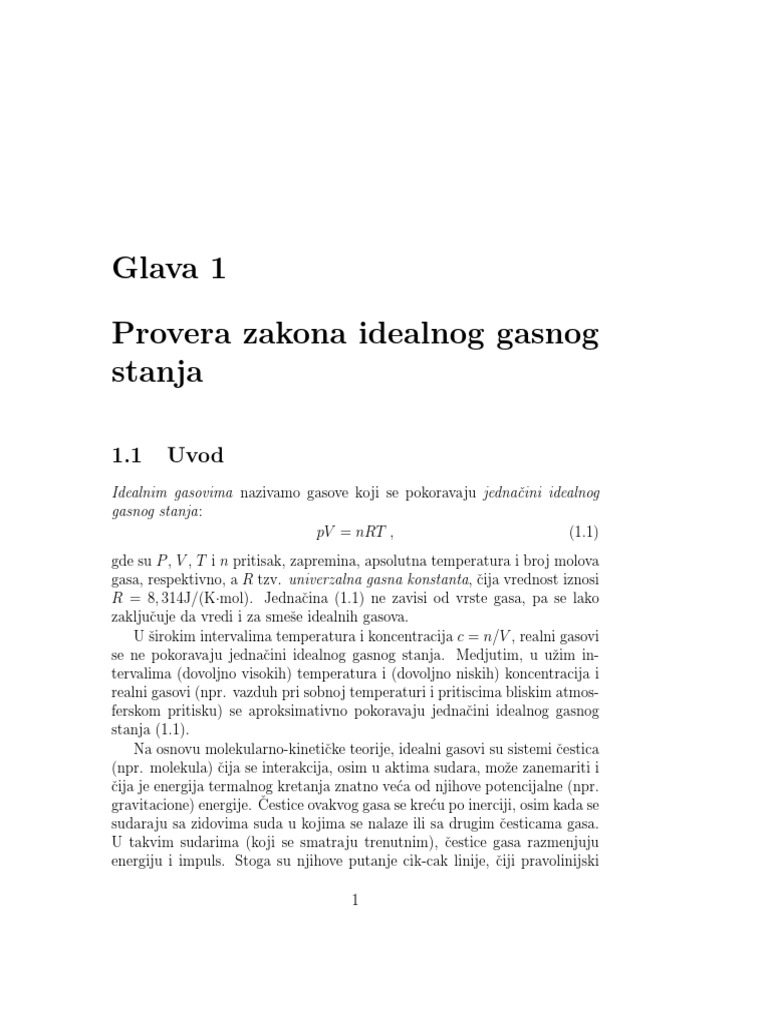 Glava 1 Provera Zakona Idealnog Gasnog Stanja: 1.1 Uvod | PDF