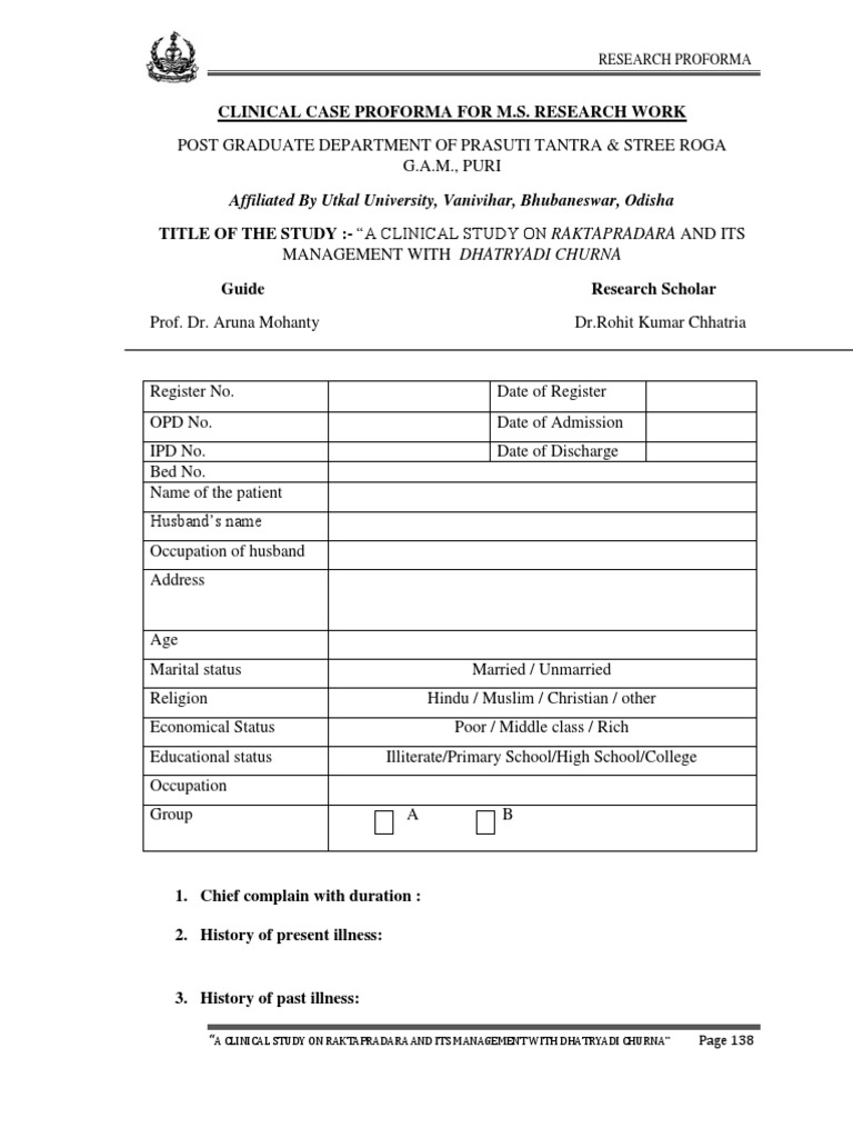 Clinical Case Proforma For M.S. Research Work: Affiliated by Utkal ...