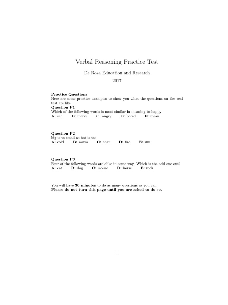 Verbal Reasoning Test 1 | PDF