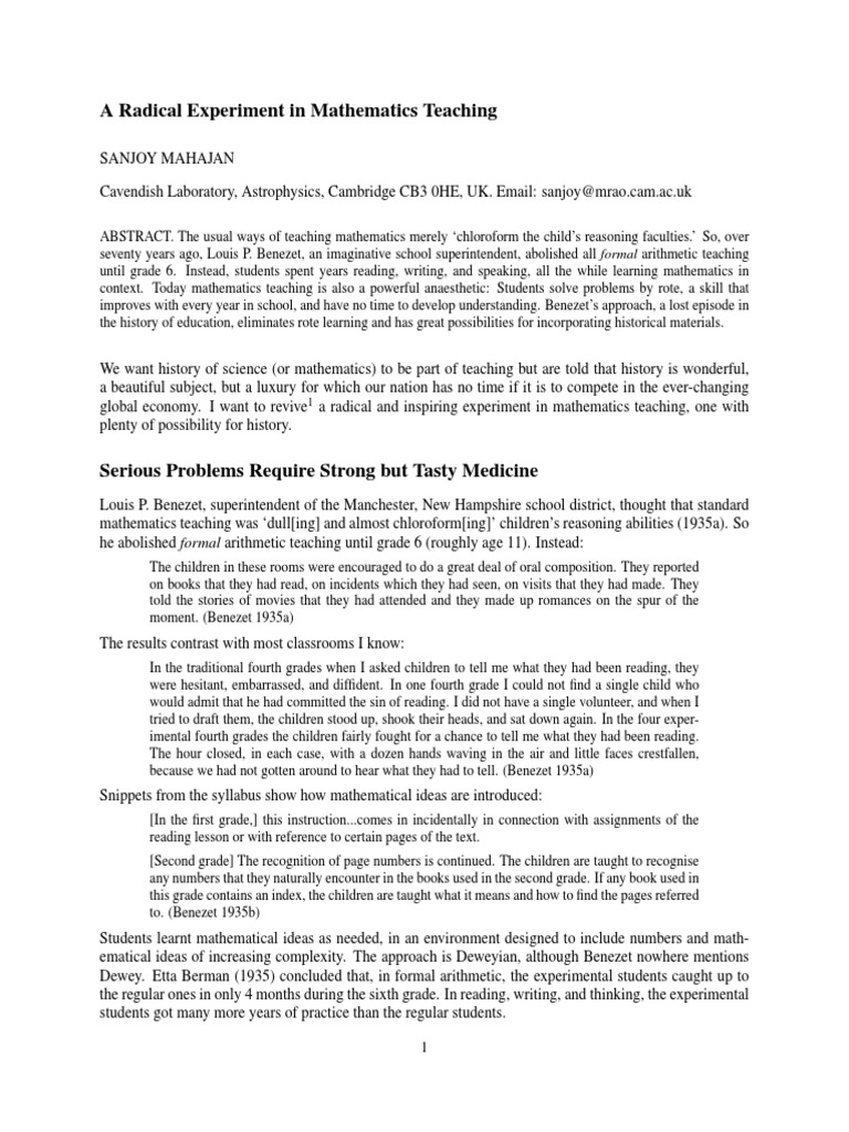 A Radical Experiment in Mathematics Teaching | PDF | Teaching ...