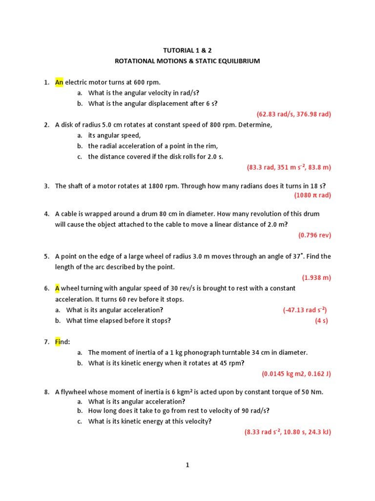 Phy210 Tutorial 1&2 | PDF | Rotation Around A Fixed Axis | Torque