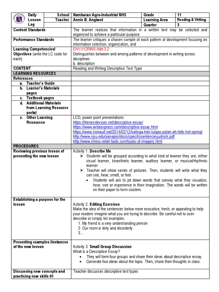 Developing Descriptive Writing Skills: A Lesson Plan on Distinguishing ...