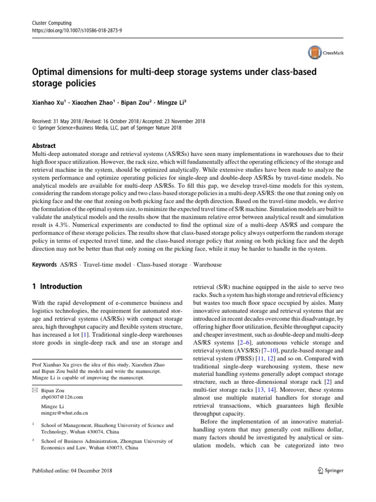 Optimal Dimensions For Multi-Deep Storage Systems Under Class-Based ...