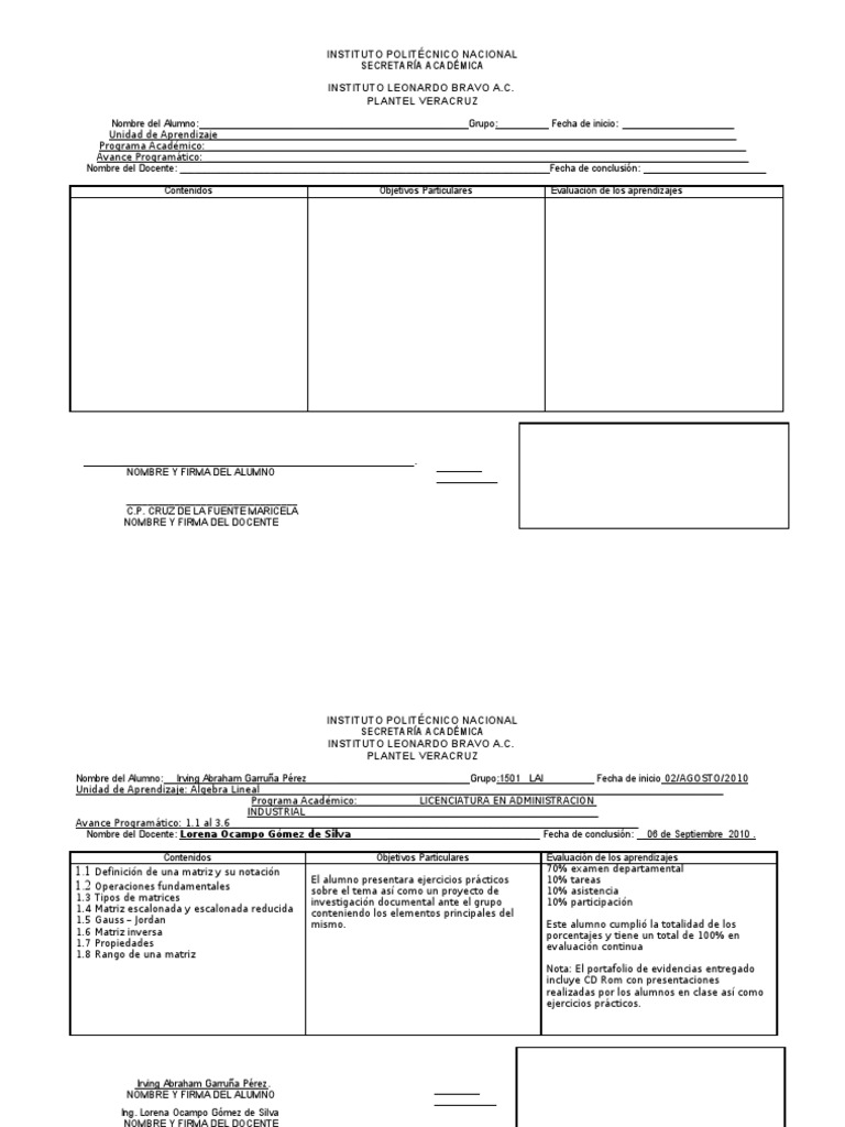 Formato Portafolio de Evidencias-En Blanco | PDF | Matriz (Matemáticas ...