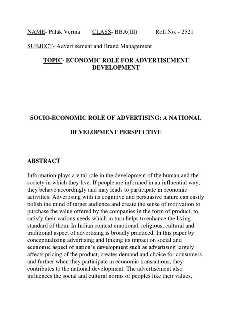 Topic-Economic Role For Advertisement Development | Download Free PDF ...