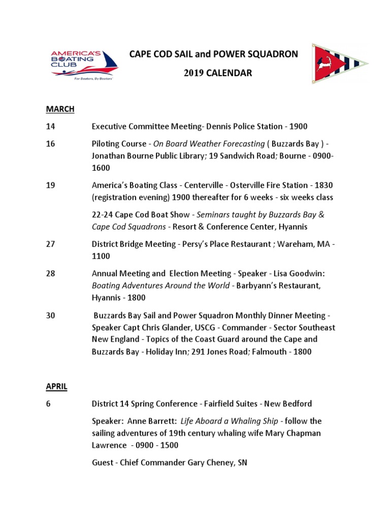 2019 Calendar 03 15 | PDF | Cape Cod | Water Transport