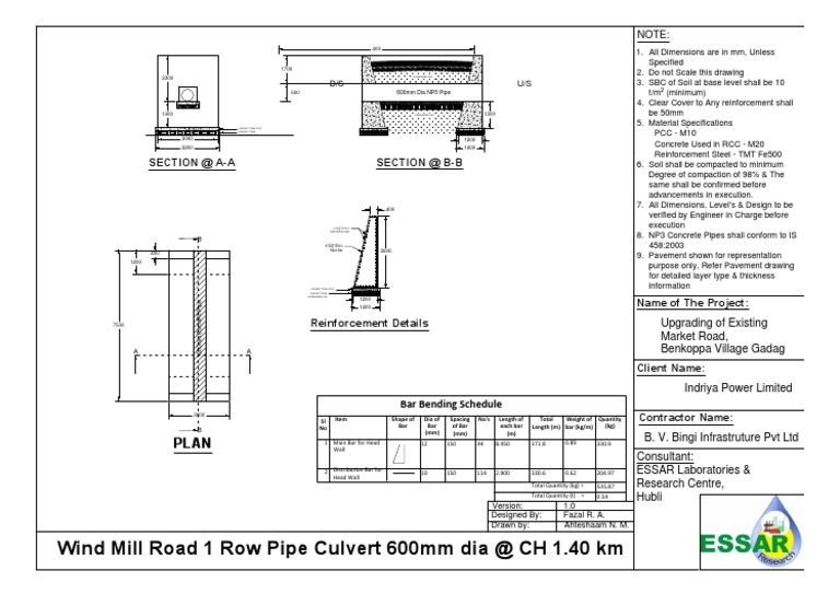 Wind Mill Road 1 Row Pipe Culvert 600mm Dia at CH 1.40 KM: Section at A ...