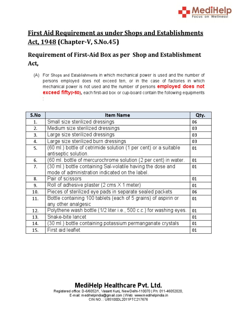First Aid Requirement As Under Shops and Establishments Act, 1948 (Chapter-V, S.No.45) | PDF ...