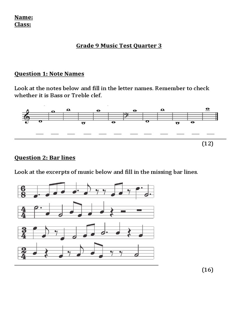Grade 9 Term 3 Theory Test | PDF | Clef | Elements Of Music