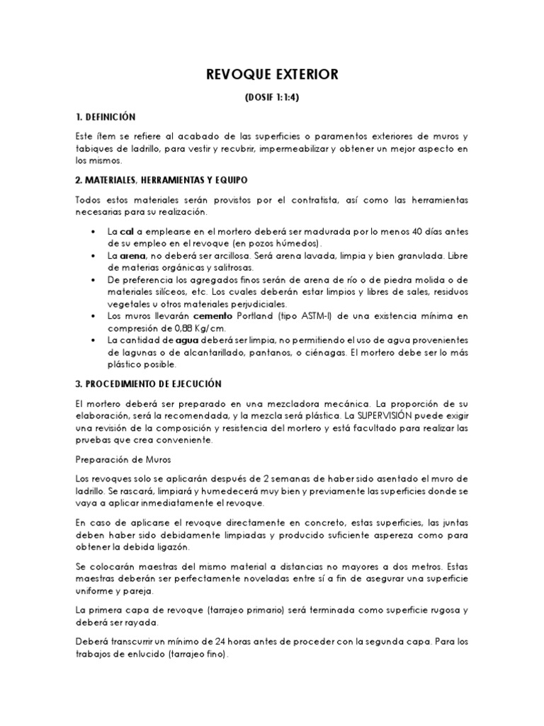 Especificaciones de Revoque Exterior | PDF | Hormigón | Ladrillo