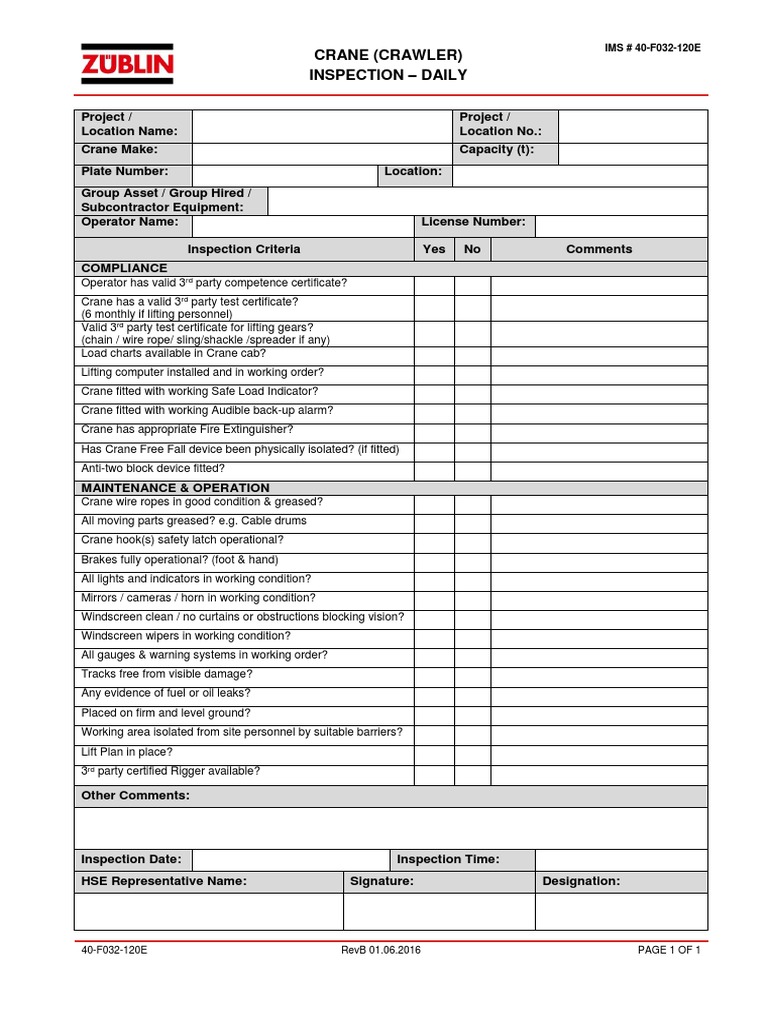 Crawler Crane Daily Inspection Checklist | PDF | Business | Technology ...
