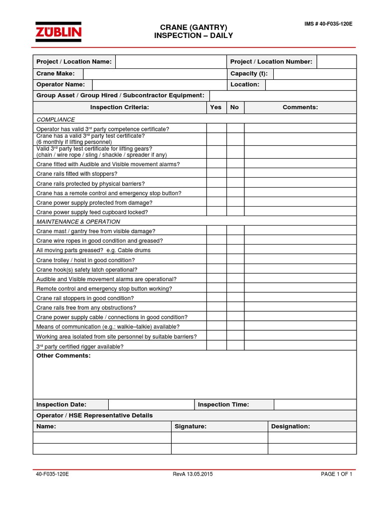 40 F035 120E Crane (Gantry) Inspection Daily RevA | PDF
