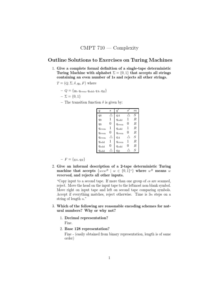 CMPT 710 - Complexity Outline Solutions To Exercises On Turing Machines ...