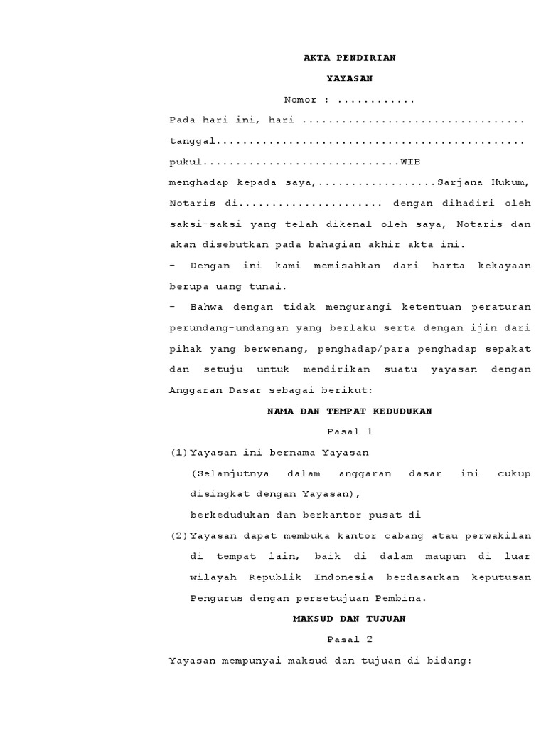 Contoh Draft Akta Pendirian Yayasan | PDF