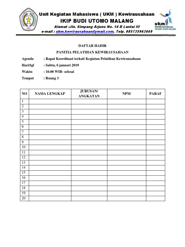 Daftar Hadir Ukm | PDF