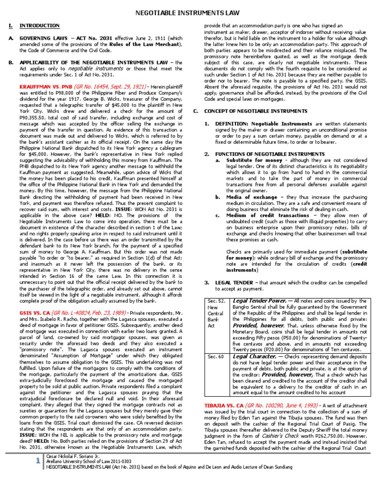 Negotiable Instruments Law | PDF | Negotiable Instrument | Promissory Note