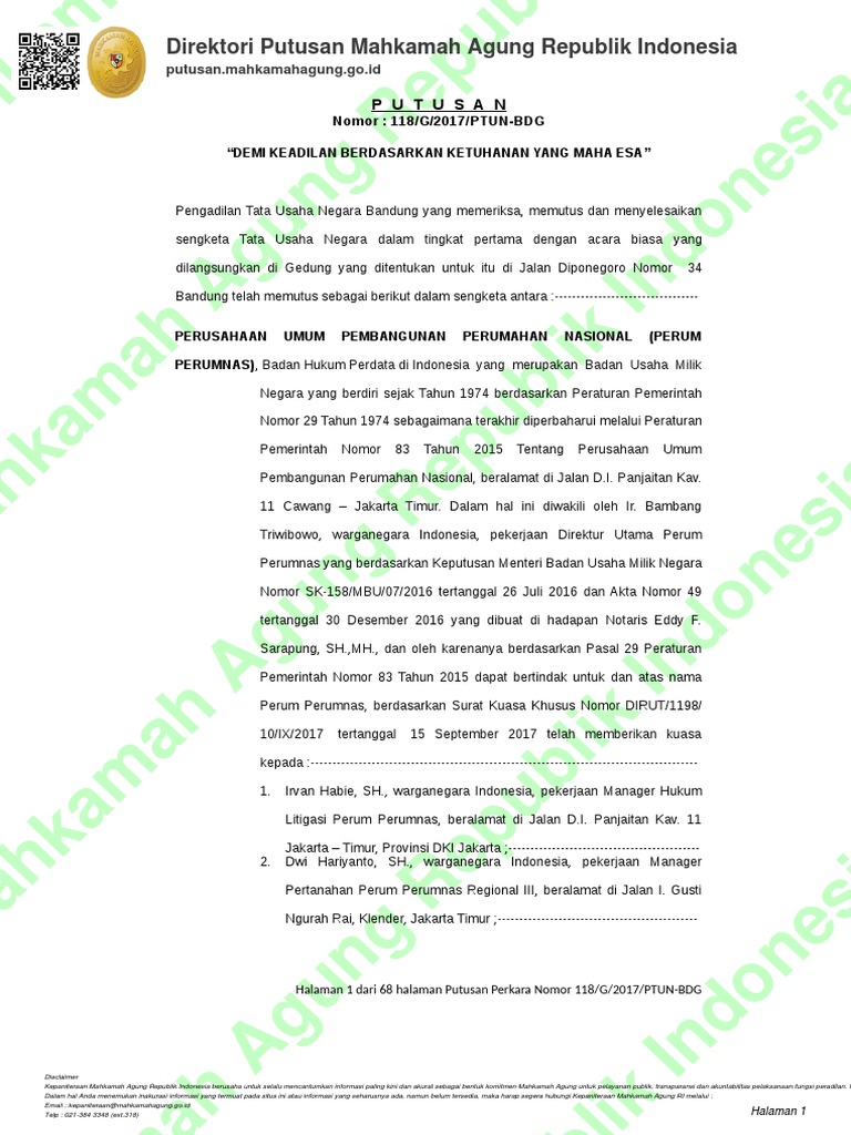 0 PTUN - BDG 2017 G 118 Putusan Akhir PDF | PDF