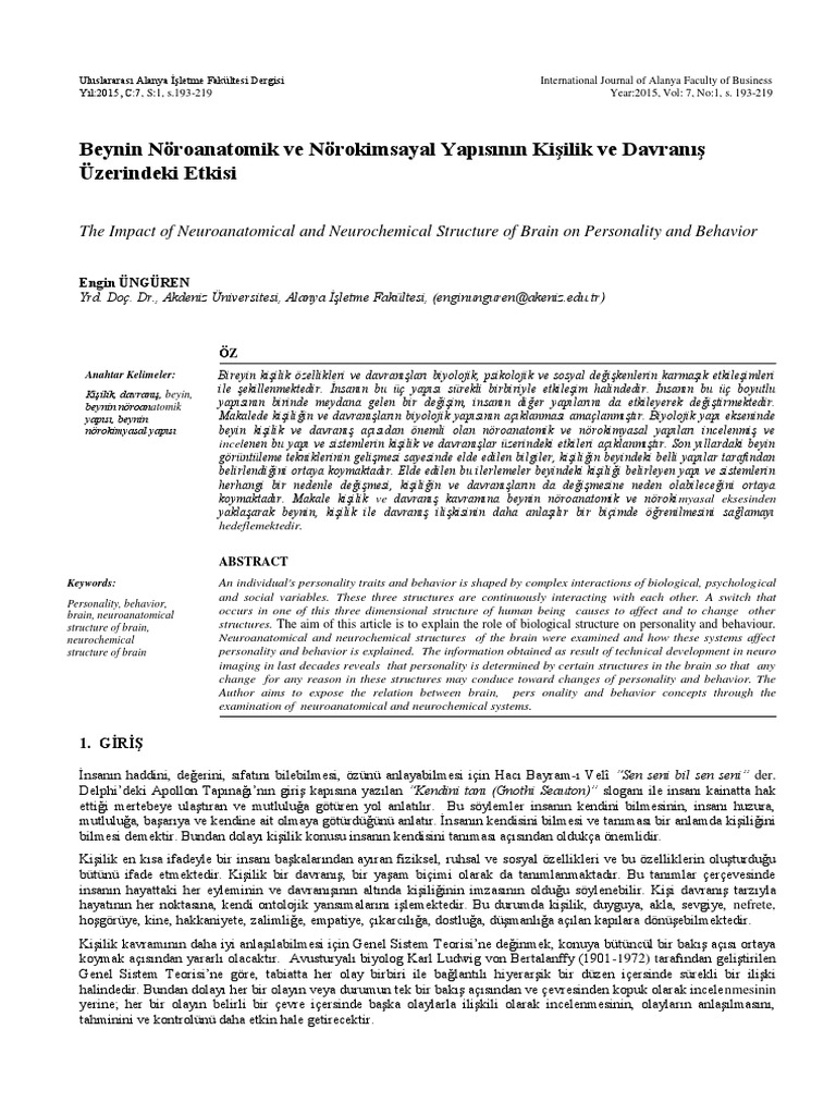 Beynin N Roanatomik Ve N Rokimsayal Yap S N N Ki Ilik Ve Davran Zerindeki Etkisi (#232018 ...