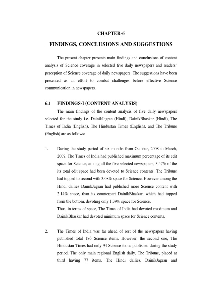 Findings, Conclusions and Suggestions: Chapter-6 | PDF | Newspapers ...