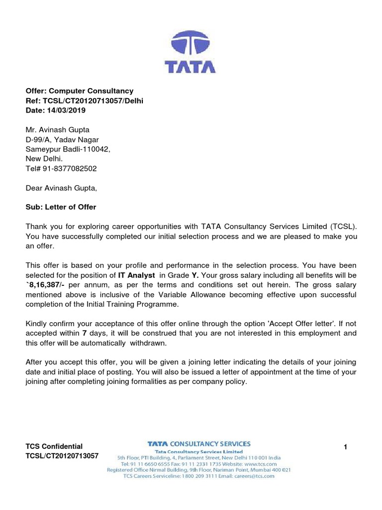 TCS Offer Letter for IT Analyst Position | PDF | Insurance | Government