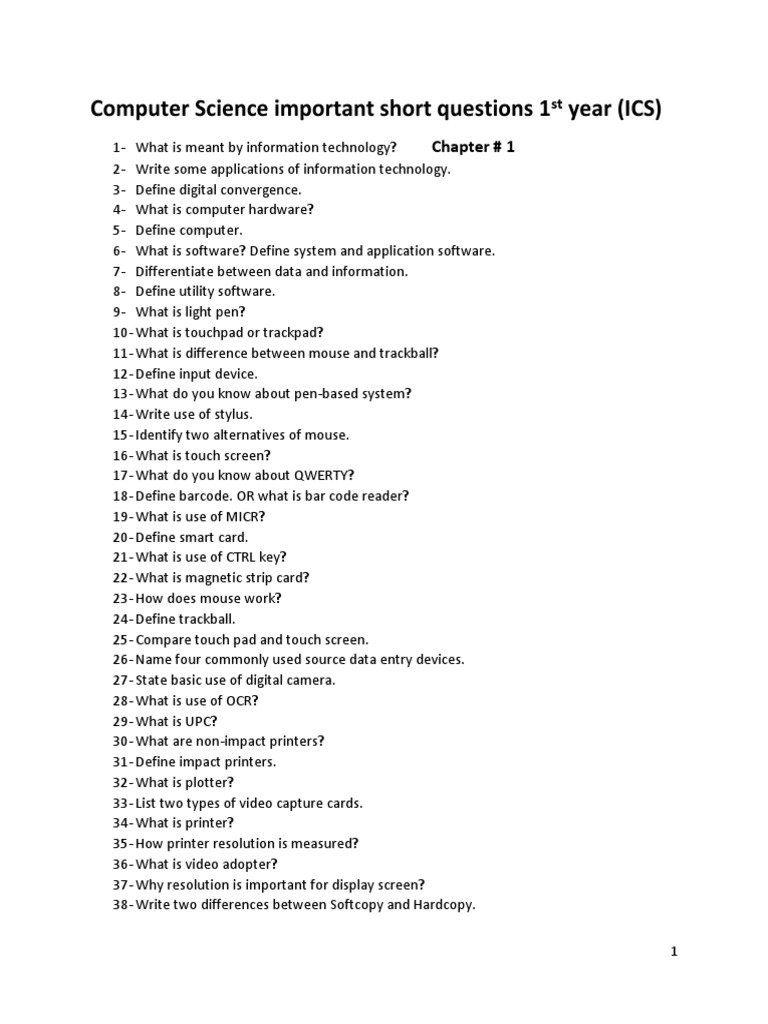 Computer Science Important Short Questions 1 Year (ICS) : Chapter # 1 ...
