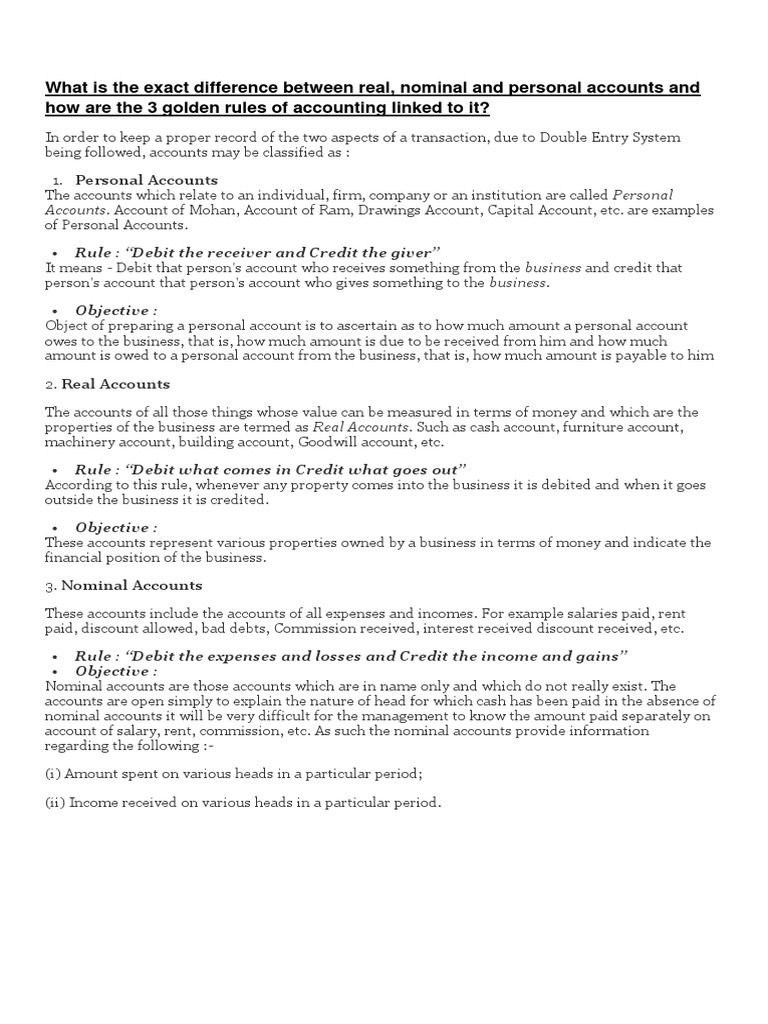 Difference Between Real, Nominal, Personal Accounts | PDF | Debits And ...