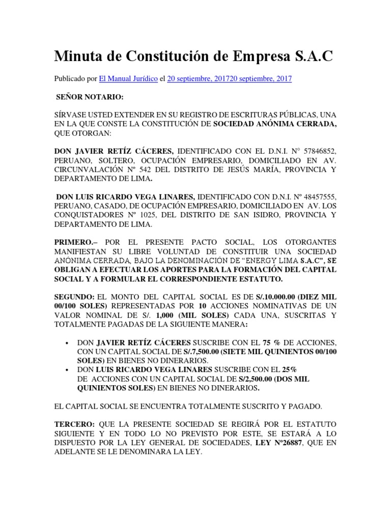 Minuta de Constitución de Empresa S | PDF | Sociedad de responsabilidad limitada | Cheque
