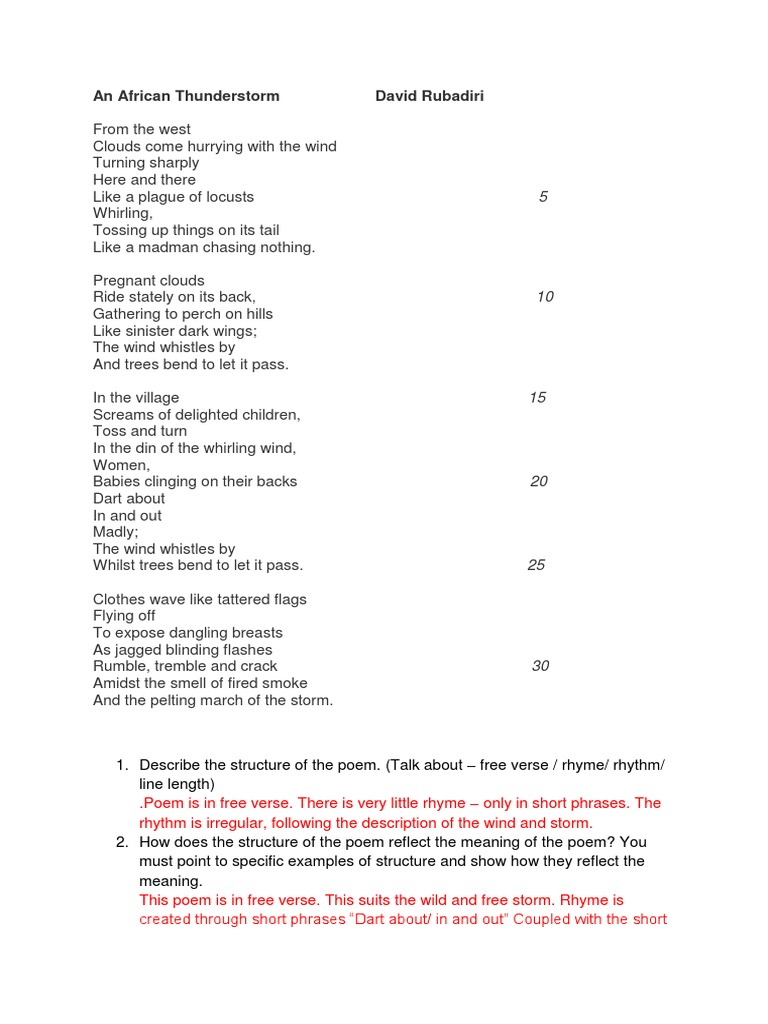 An African Thunderstorm Answers David Rubadiri | PDF | Poetry | Wound