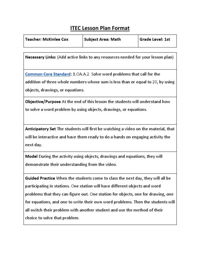 ITEC Lesson Plan Format: Common Core Standard | PDF