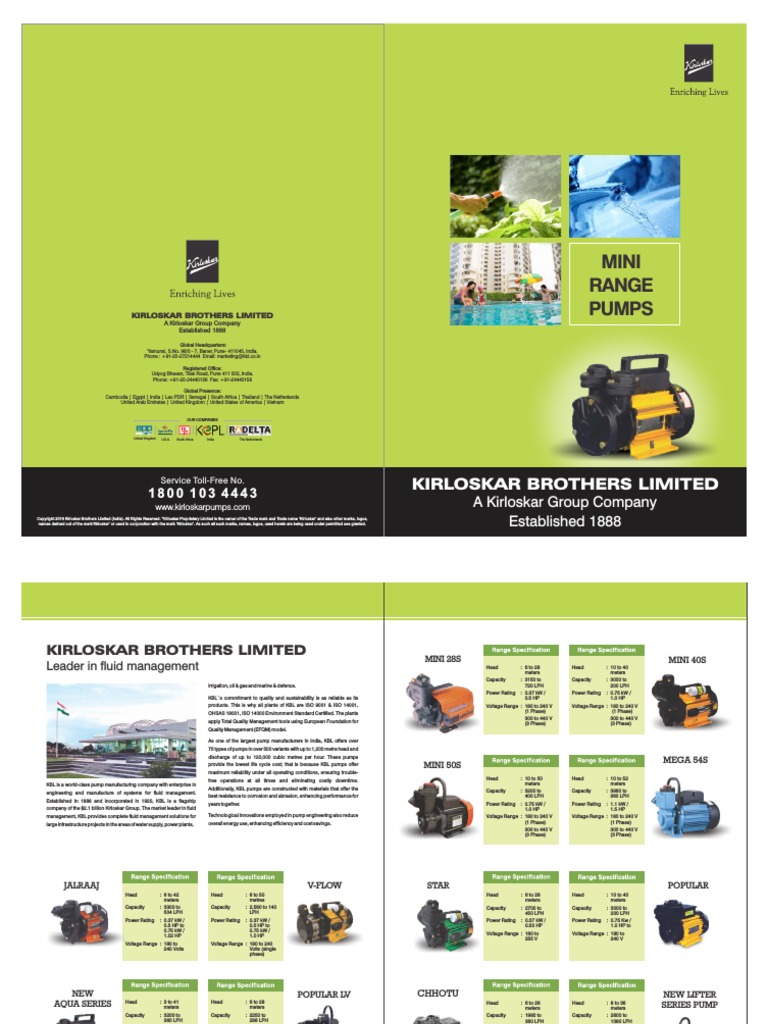 Mini Range Pumps: Kirloskar Brothers Limited | PDF | Pump | Volt