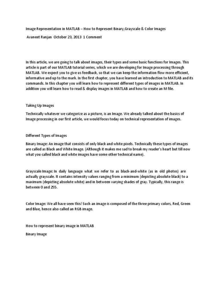 Image Representation In Matlab How To Represent Binary Grayscale And Color Images Pdf Logic