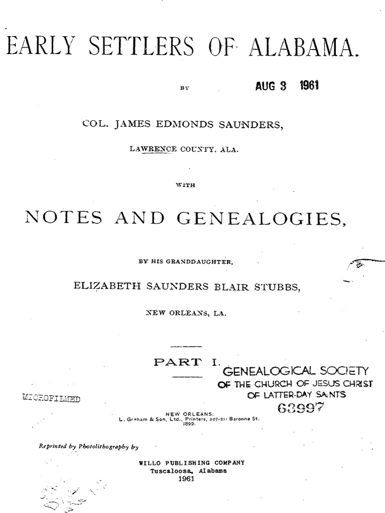 Early Settlers of Alabama - With Notes and Genealogies - Saunders ...