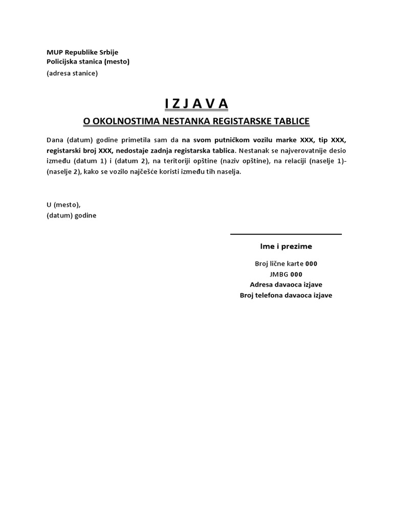 Izjava o Okolnostima Nestanka Registarske Tablice | PDF
