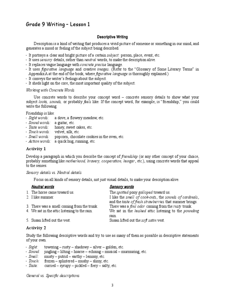 Grade 9 Writing - Lesson 1: Activity 1 | PDF | Cognitive Science ...