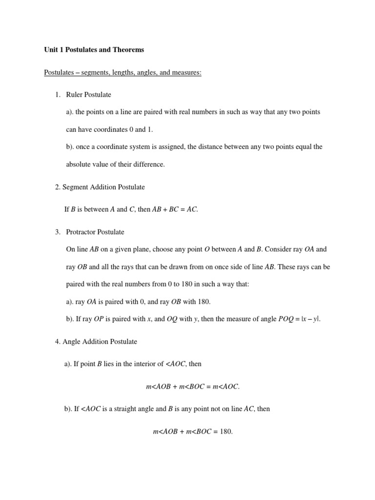 Geometry Unit 1 Postulates and Theorems | PDF