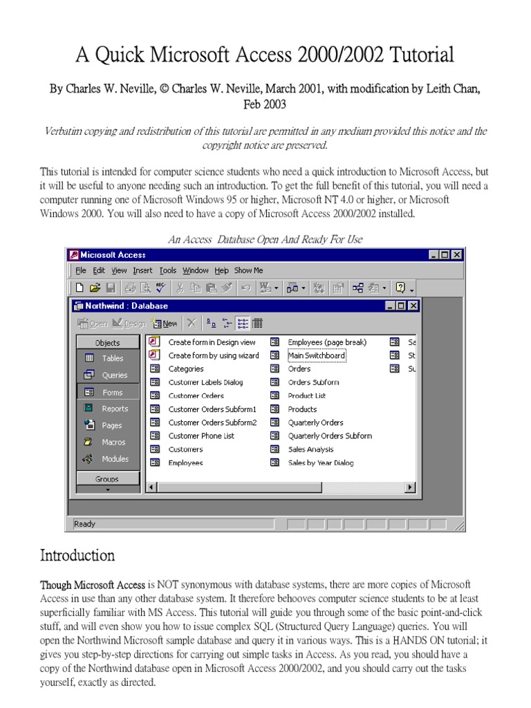 A Quick Microsoft Access 2000/2002 Tutorial | PDF