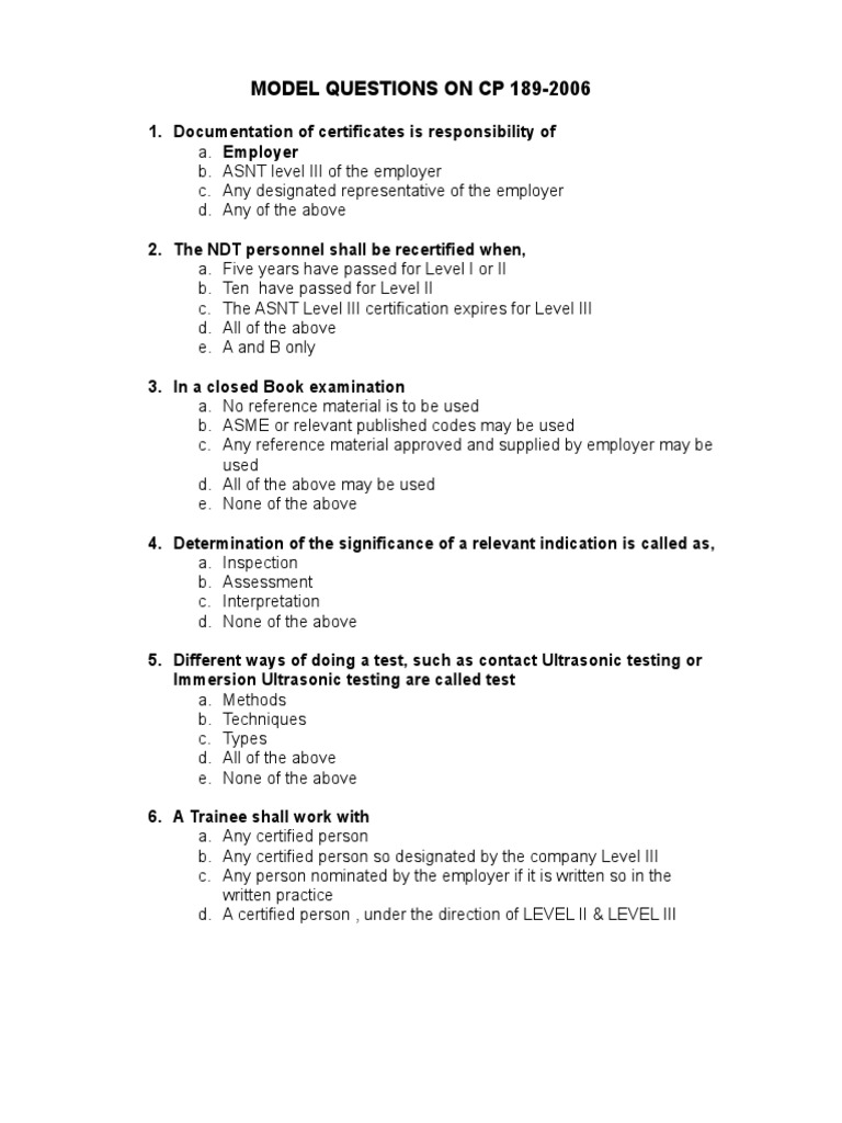 Model Questions On CP 189 | PDF | Nondestructive Testing | Test ...