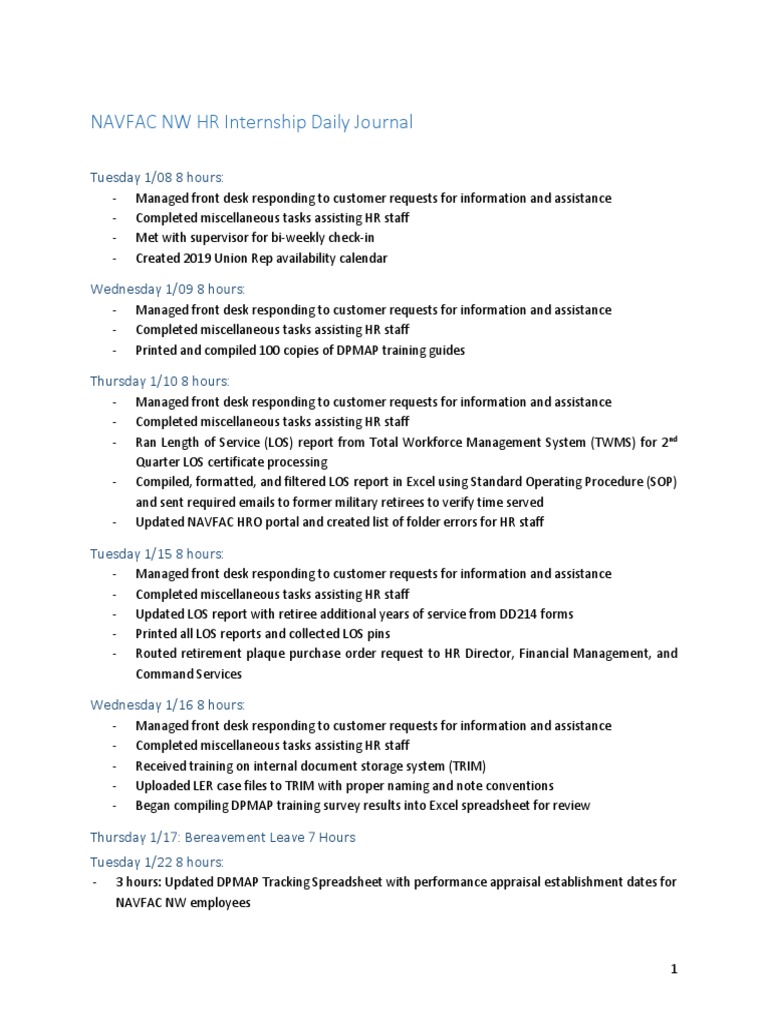 Navfac NW HR Internship Daily Journal 1 | PDF | Spreadsheet | Microsoft ...