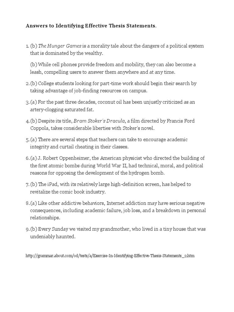 Thesis Statement Answers To Exercise | PDF