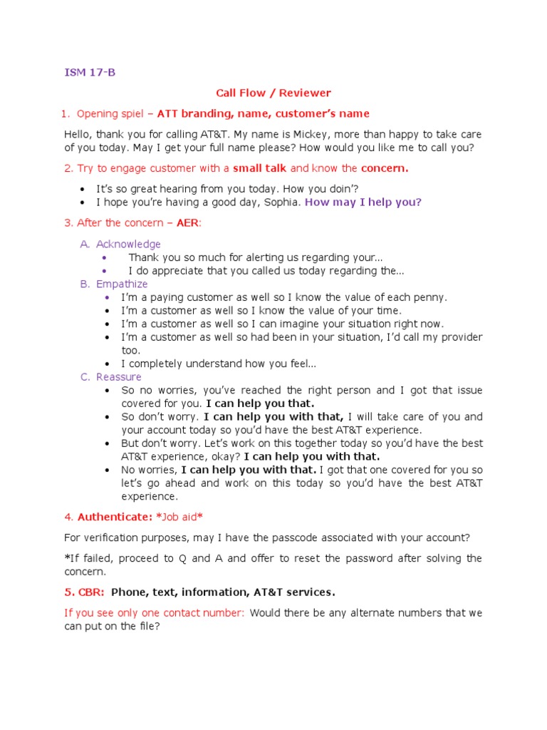Call Flow / Reviewer: 1. Opening Spiel - ATT Branding, Name, Customer's ...