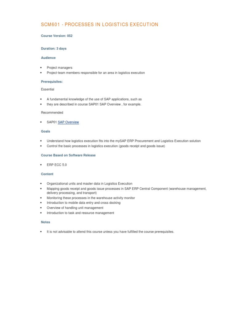 SCM601 - Logistics Execution Processes in SAP ERP | PDF