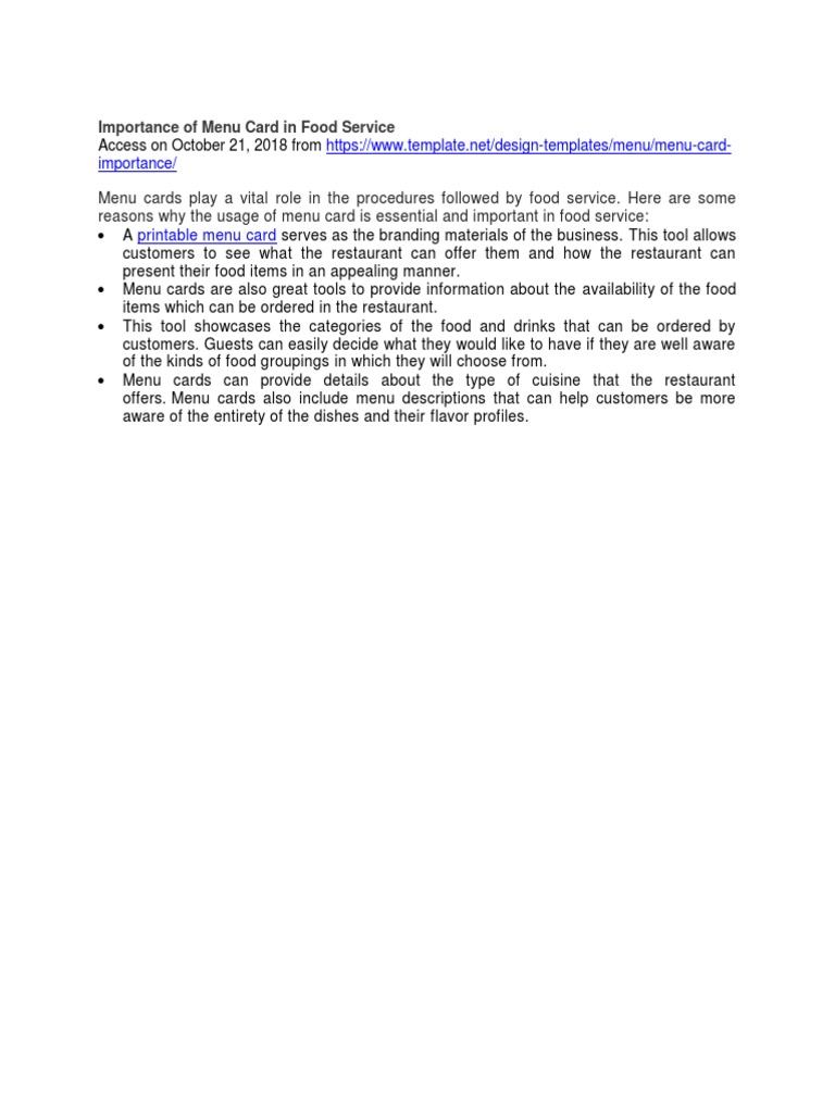Importance of Menu Card in Food Service | PDF