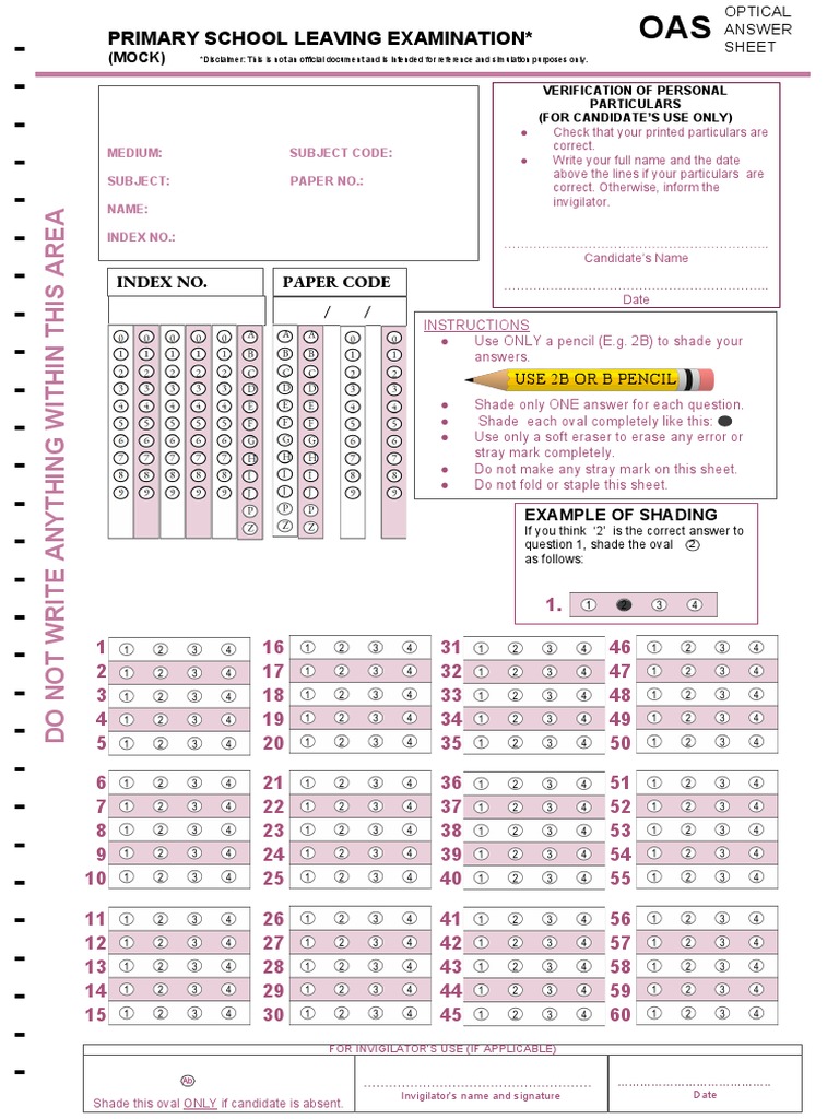 Optical Primary School Mock Exam Answer Sheet | PDF