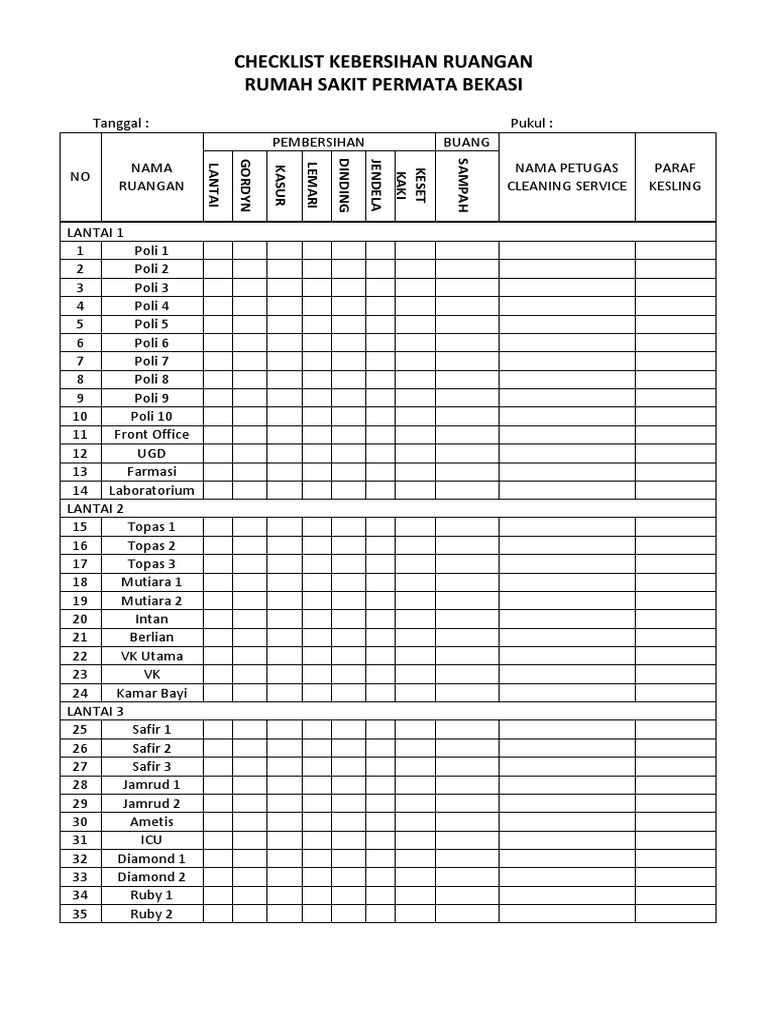 Contoh Checklist Kebersihan - Wulan Tugas