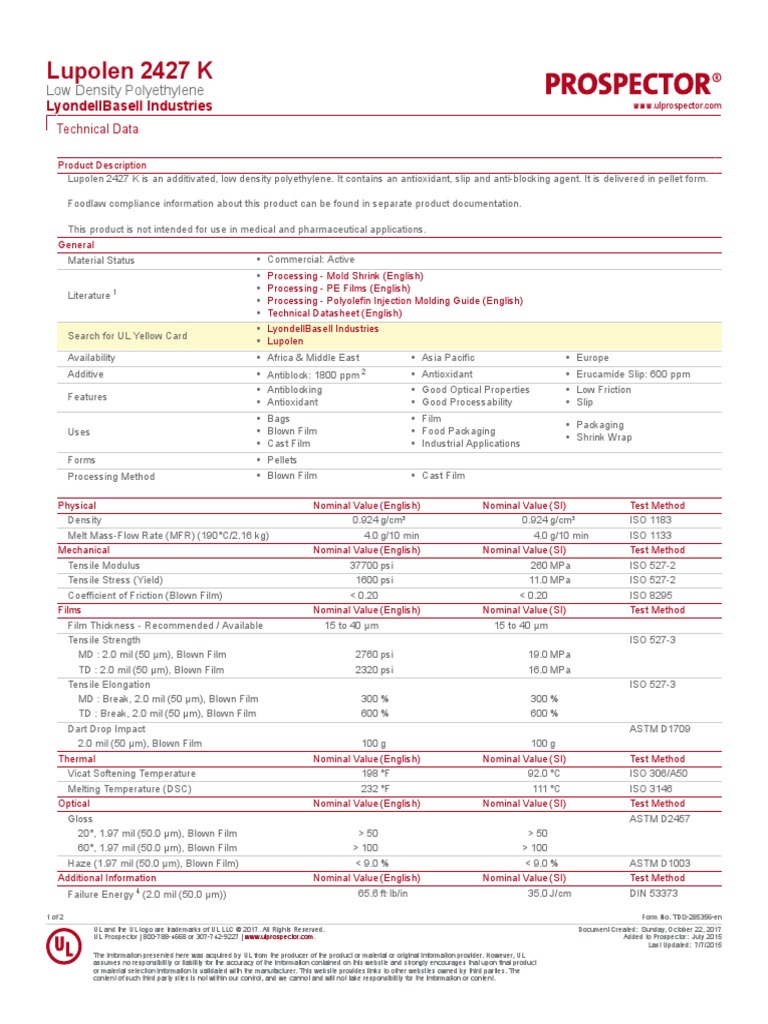 Basell 2427K | PDF | Polyethylene | Materials
