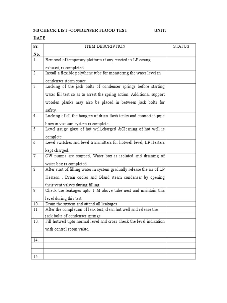 3.0 Check List - Condenser Flood Test Unit: Date Sr. No | PDF