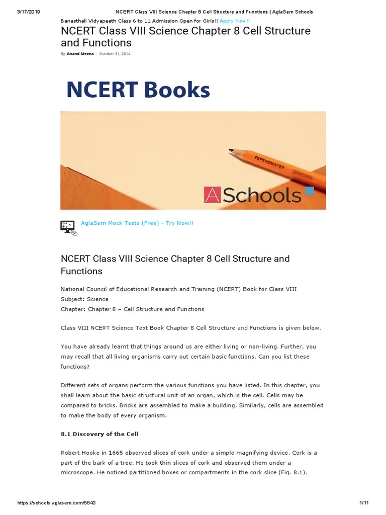 NCERT Class VIII Science Chapter 8 Cell - The Basic Unit of Life | PDF ...