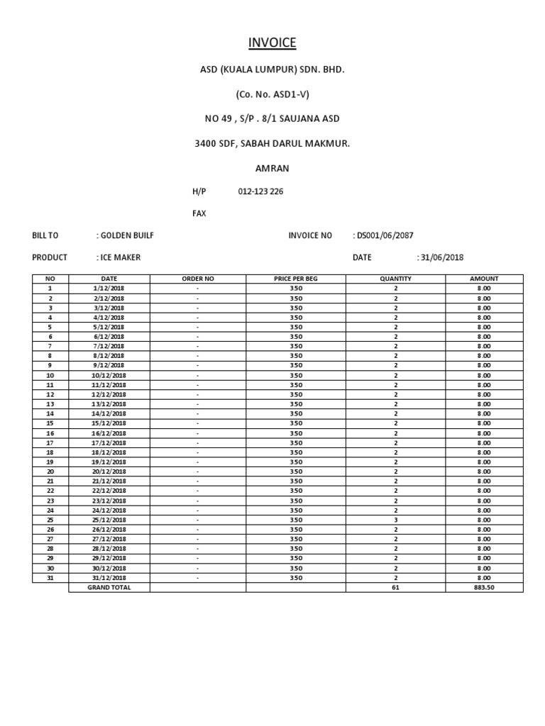 Invoice: Asd (Kuala Lumpur) Sdn. Bhd. (Co. No. ASD1-V) No 49, S/P - 8/1 ...