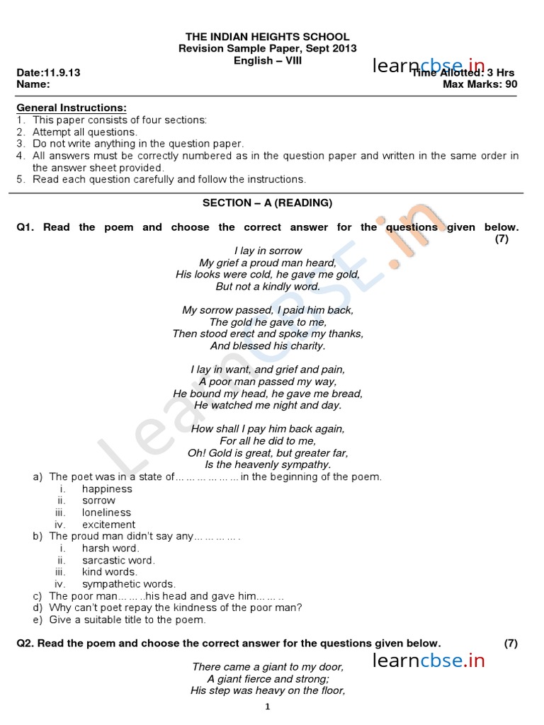 Cbse Class 8 Sample Paper 2014 2 | PDF | University | Question